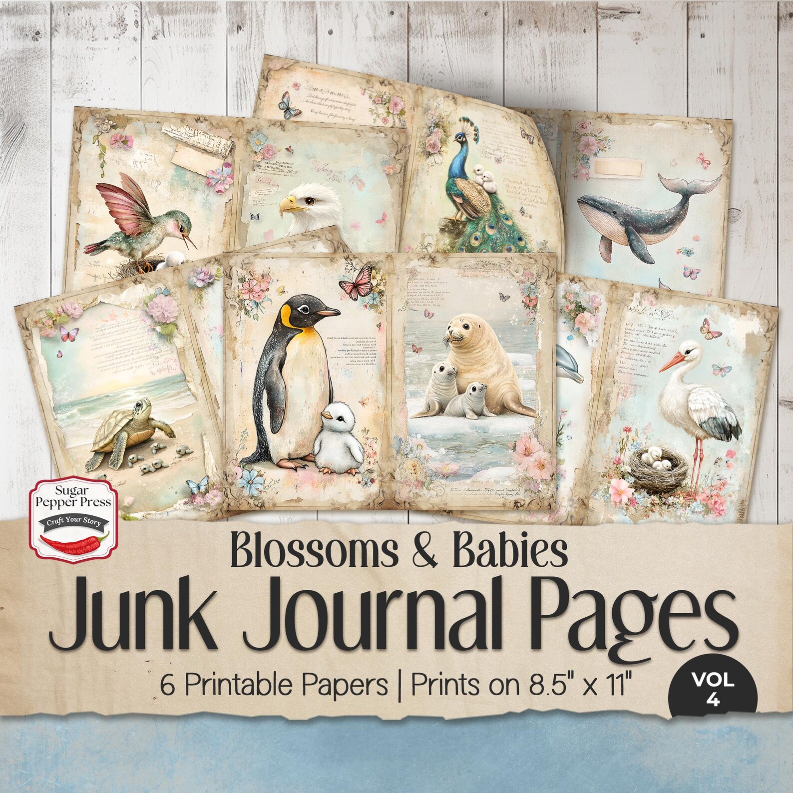 Dolphin and Birds Junk Journal Pages, Printable Papers for Scrapbooking ...