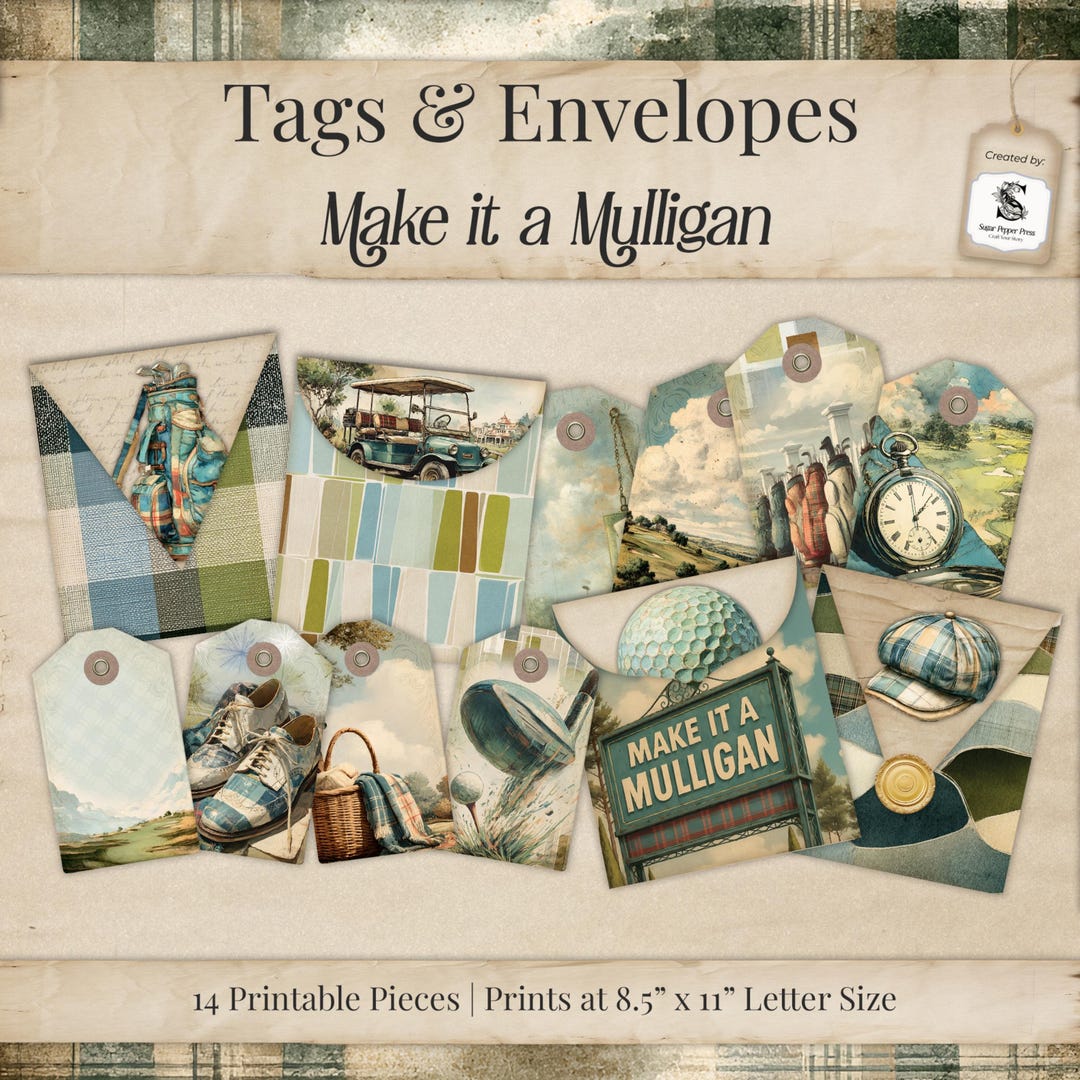 Vintage Golf Junk Journal Tags Envelopes, Retro Masculine Nostalgic Rustic Tartan Pockets Papers ...