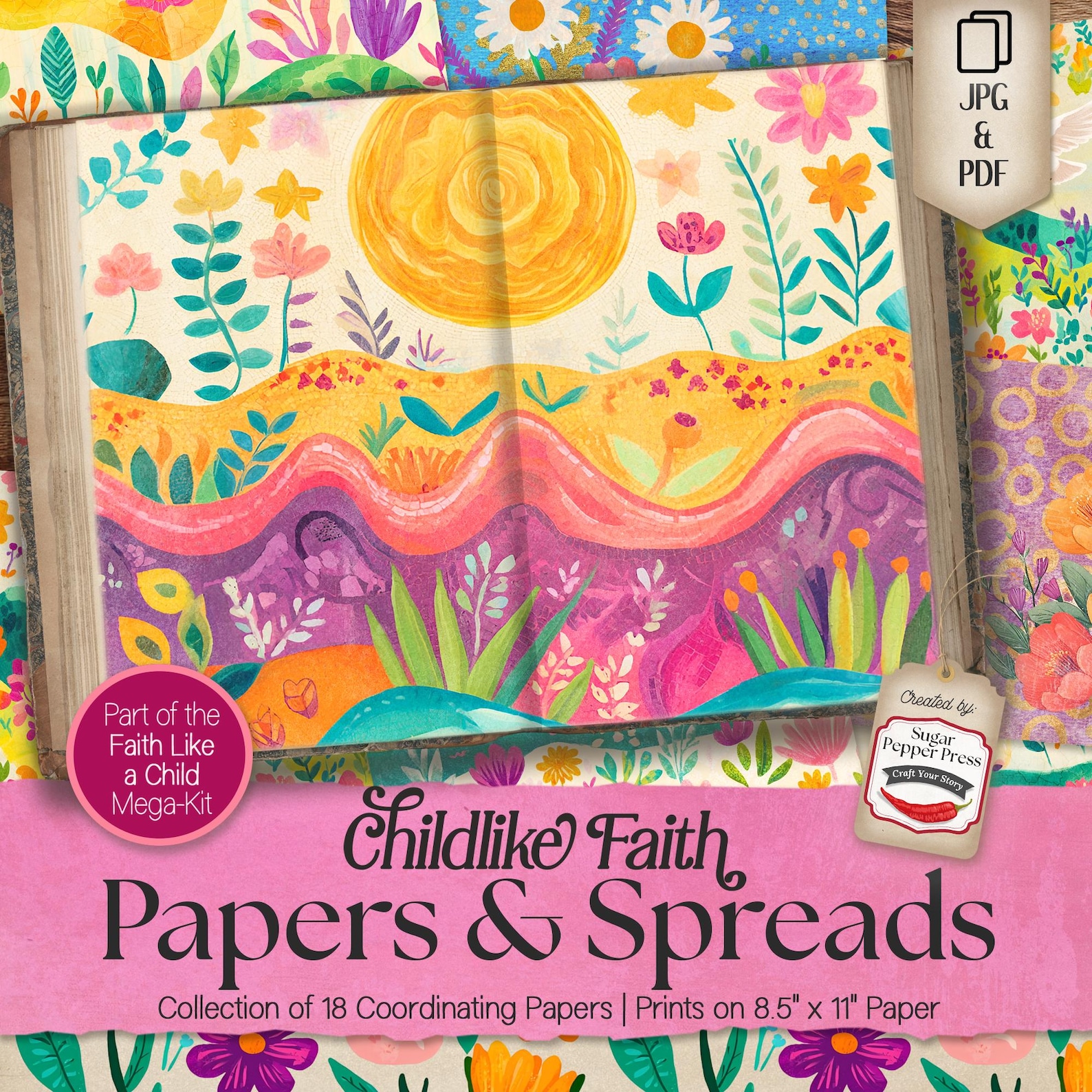Faith Junk Journal Paper, Christian Floral Scrapbook, Bright Folk Art ...
