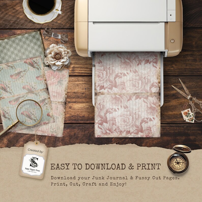 Lined Roses Journal Pages, Shabby Chic Printable Paper (digital ...