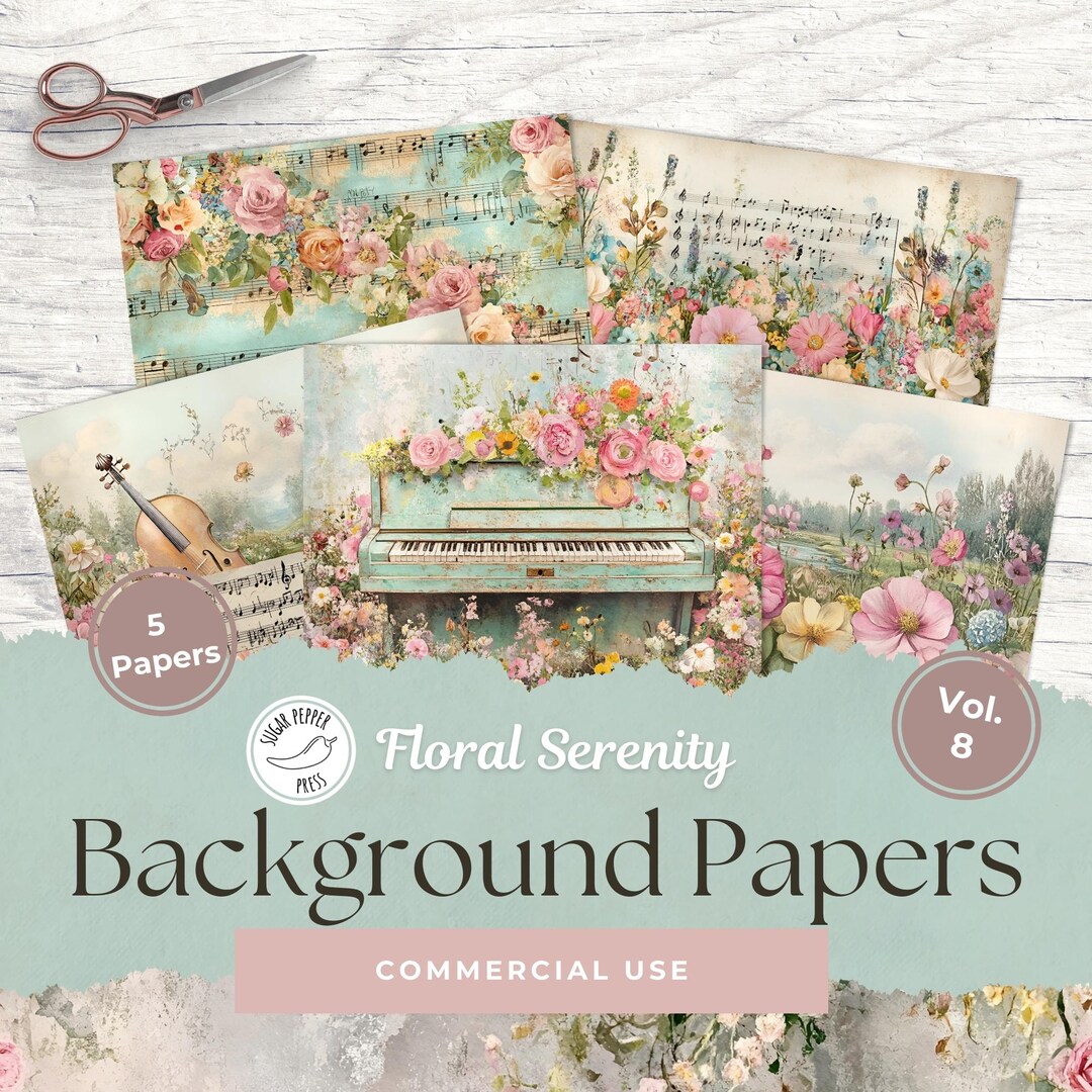 Shabby Chic Melody Music Collage Background Papers - 5 Vintage Floral ...