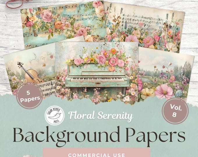 Shabby Chic Melody Music Collage Background Papers - 5 Vintage Floral ...