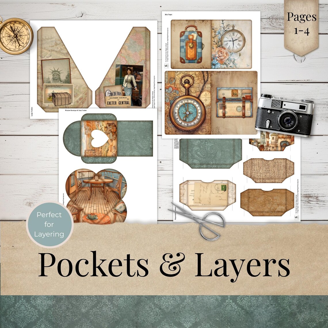 Retro Travel Junk Journal Printable Ephemera, Pockets Folio Journaling Cards, Vintage Ephemera ...