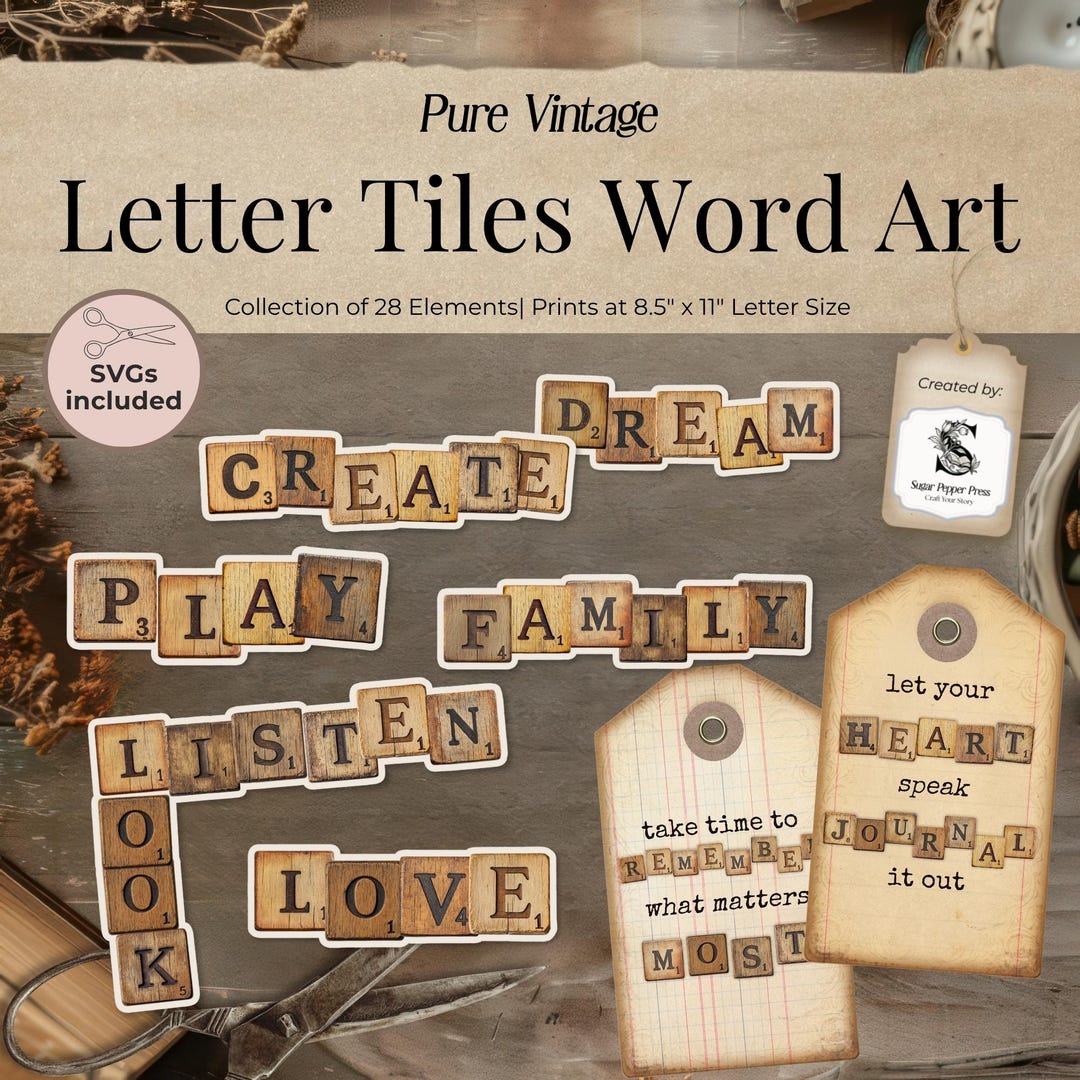 Junk Journal Words Phrases Saying Kit, Game Tiles Neutral Printable Paper, Book Digital Ephemera ...