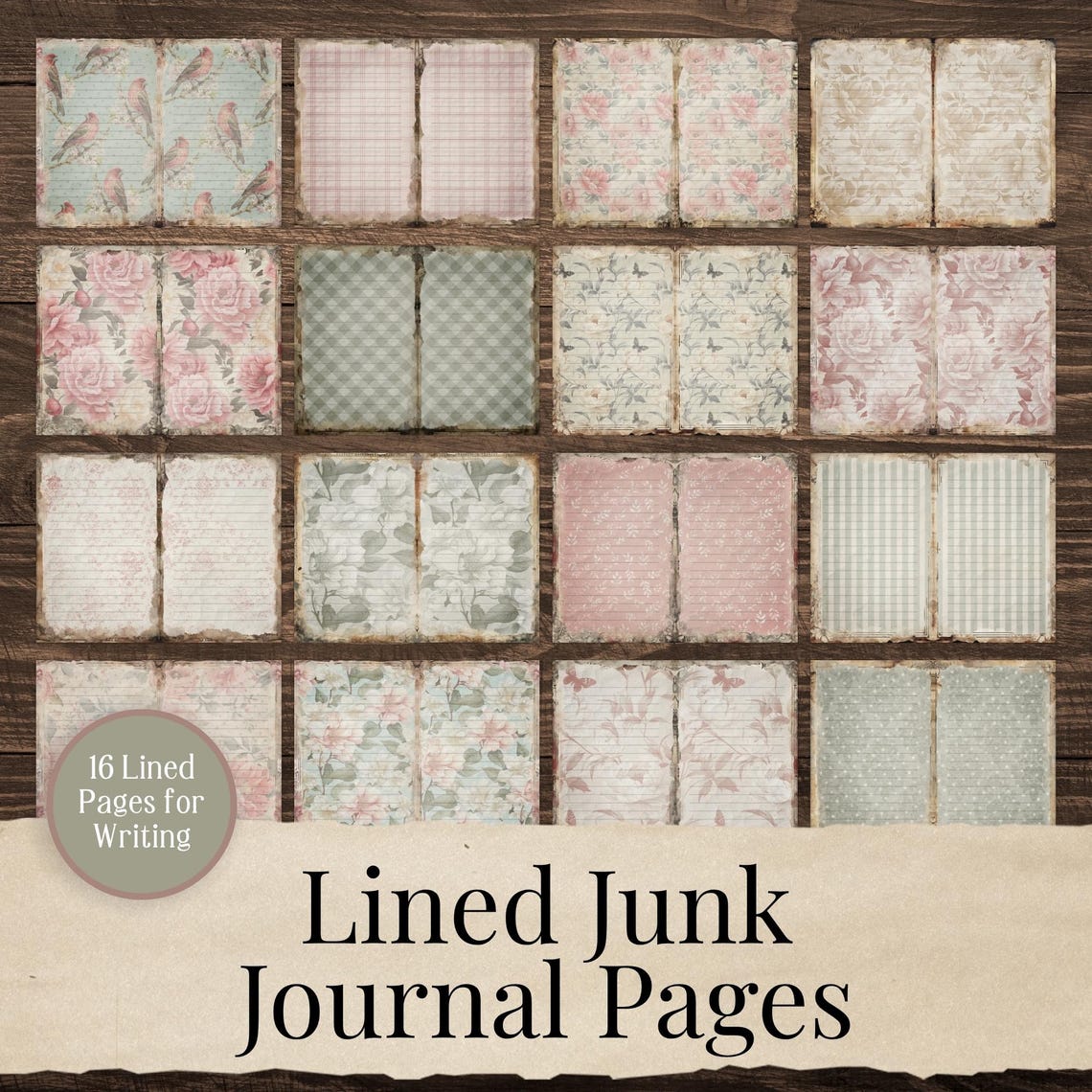 Lined Roses Journal Pages, Shabby Chic Printable Paper (digital ...