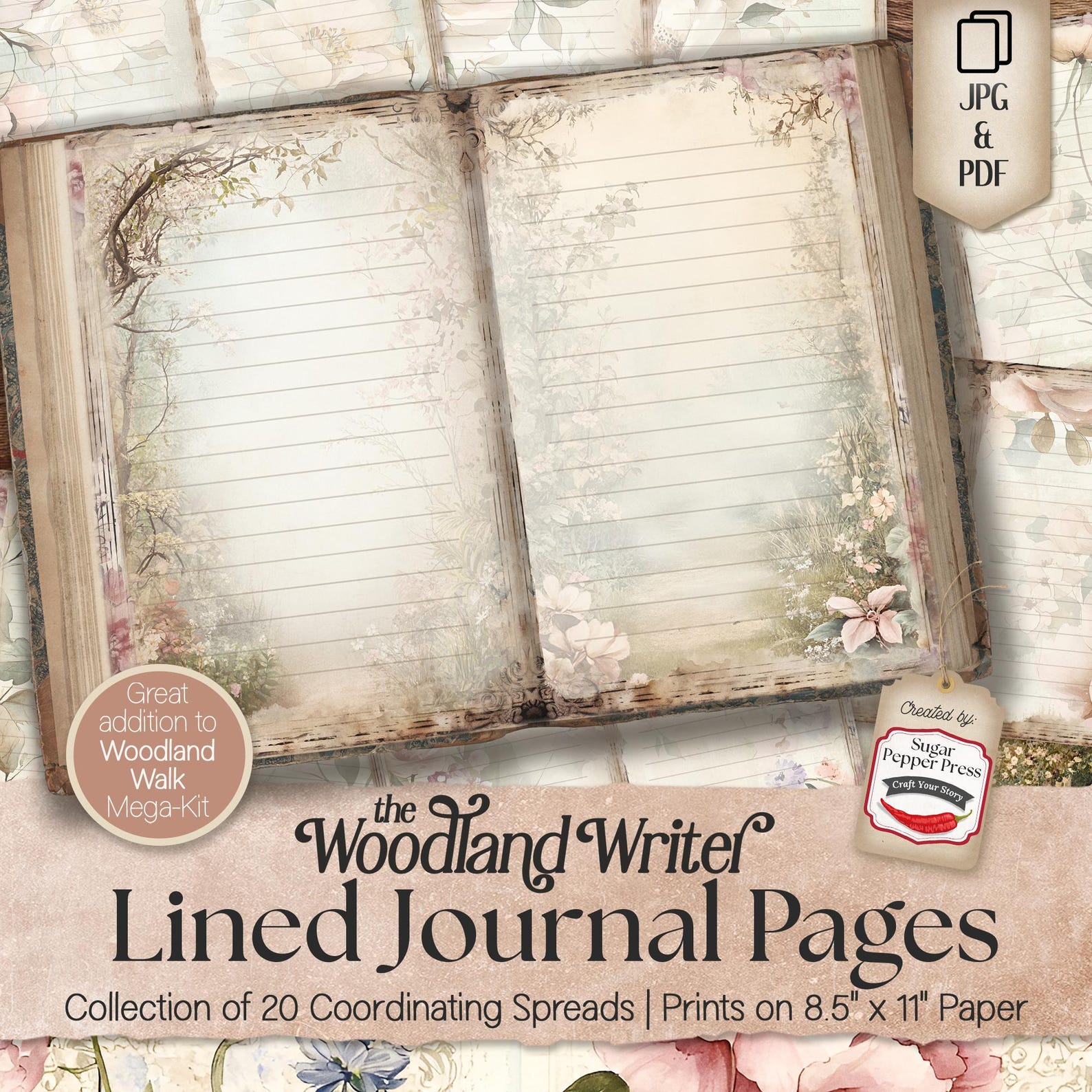 Vintage Floral Lined Journal Pages, Shabby Chic Printable (digital ...