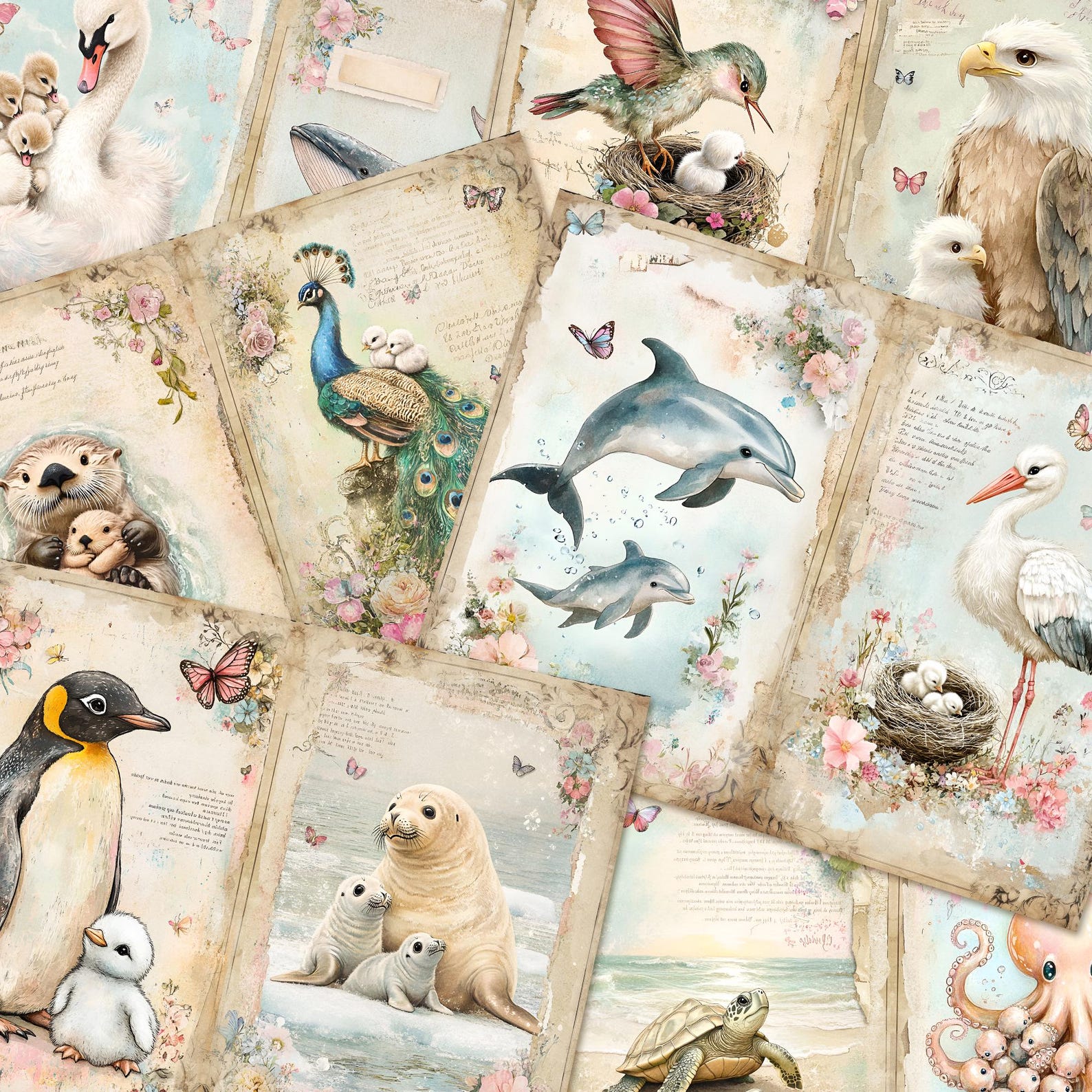Dolphin and Birds Junk Journal Pages, Printable Papers for Scrapbooking ...
