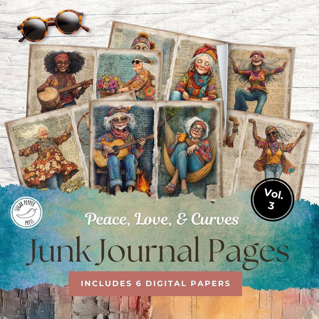 Hippie Old Lady Junk Journal Pages Peace Love Curves Vol. 3 | Groovy ...