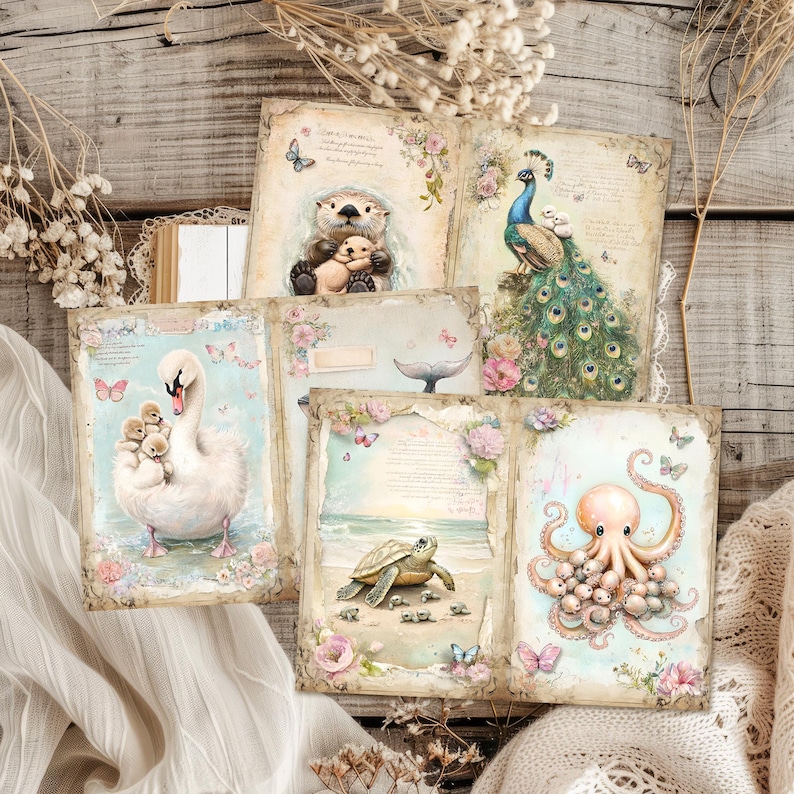 Dolphin and Birds Junk Journal Pages, Printable Papers for Scrapbooking ...