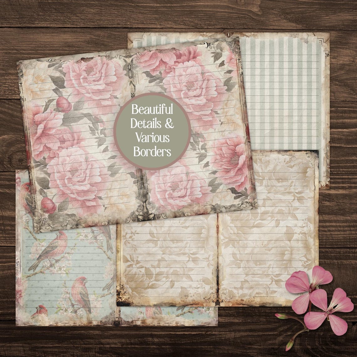 Lined Roses Journal Pages, Shabby Chic Printable Paper (digital ...