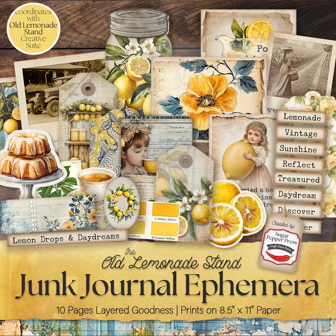 Lemon Ephemera Set Vintage Junk Journal Kit | Printable Tags, Cards ...