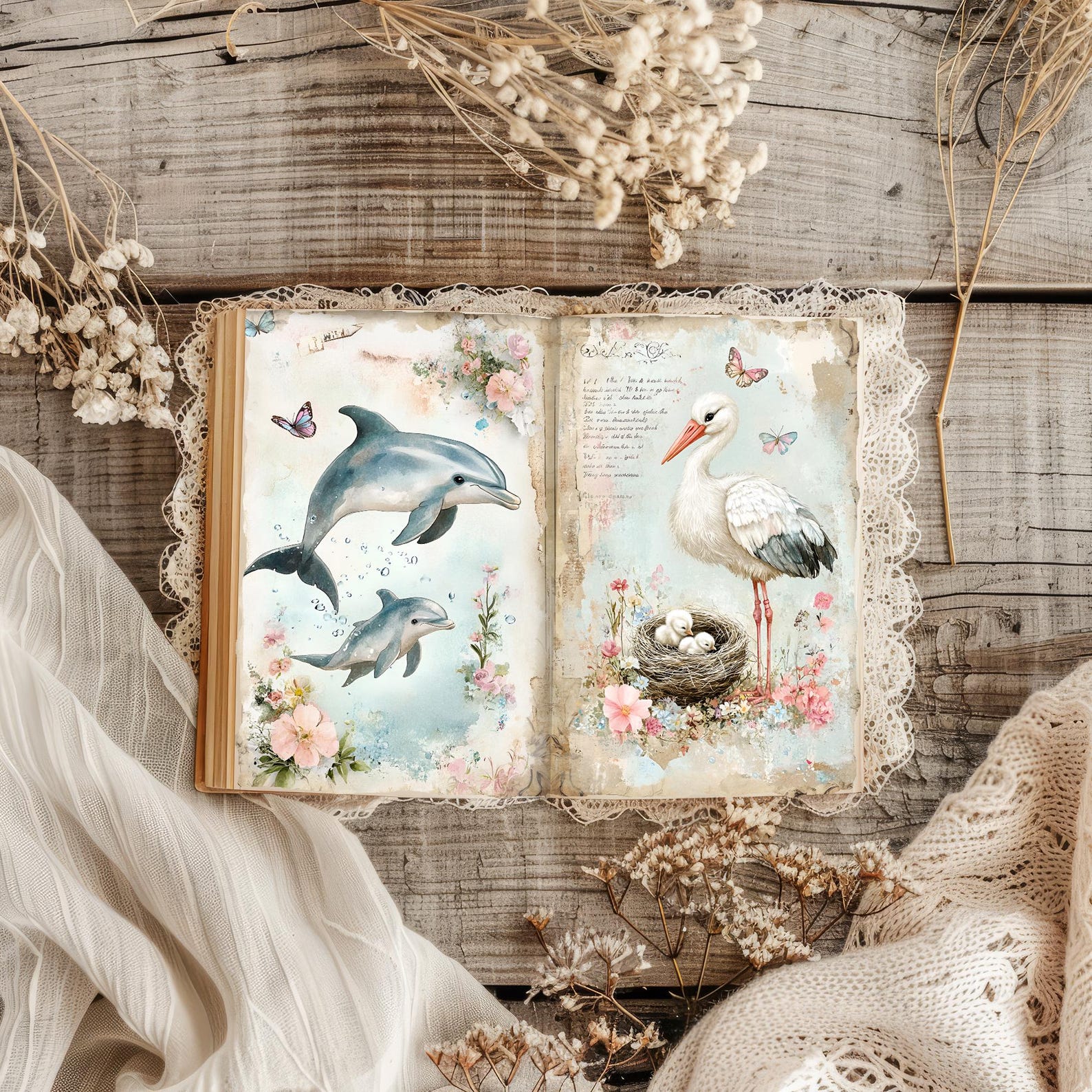 Dolphin and Birds Junk Journal Pages, Printable Papers for Scrapbooking ...