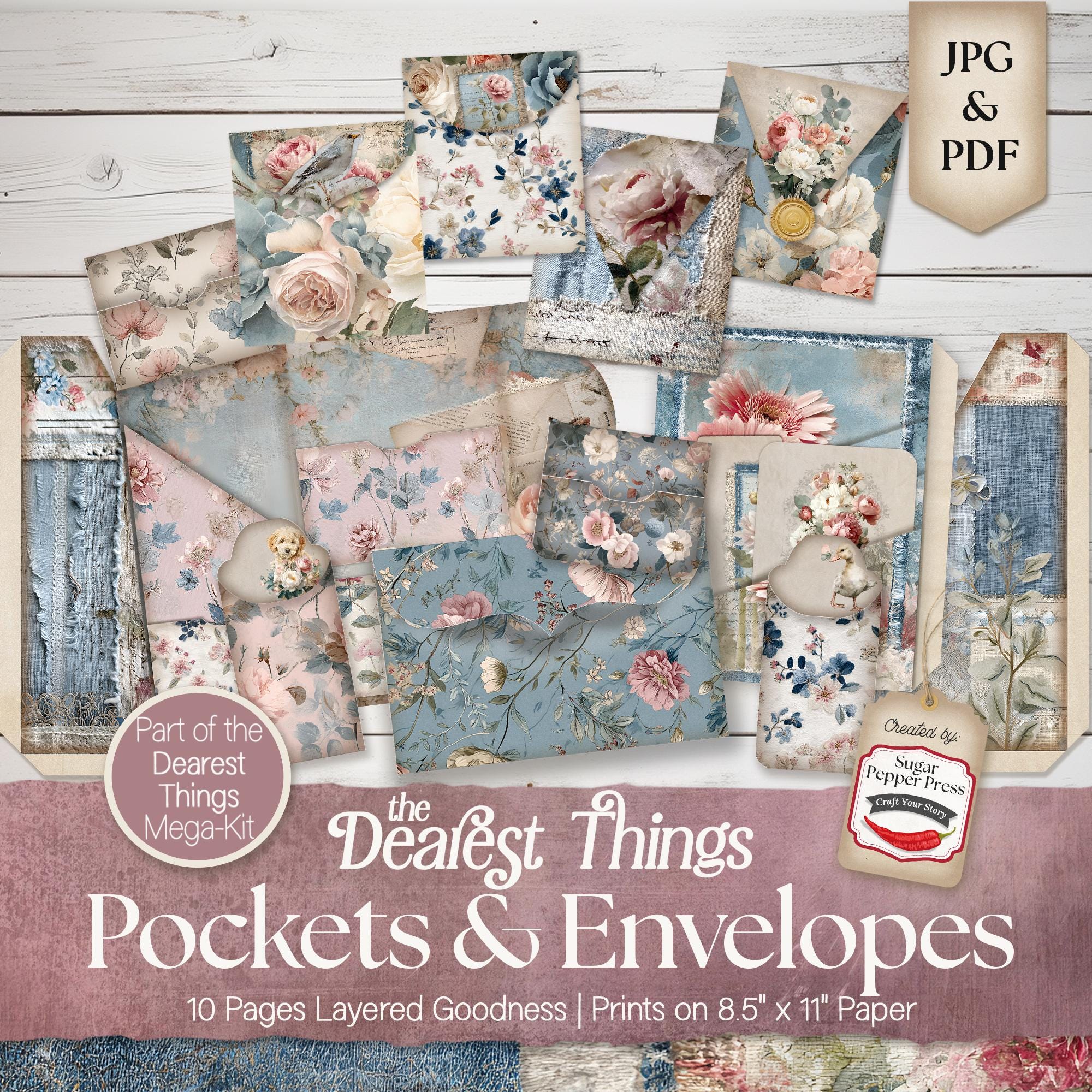 Denim Junk Journal Pockets and Envelopes, Shabby Chic Printable ...