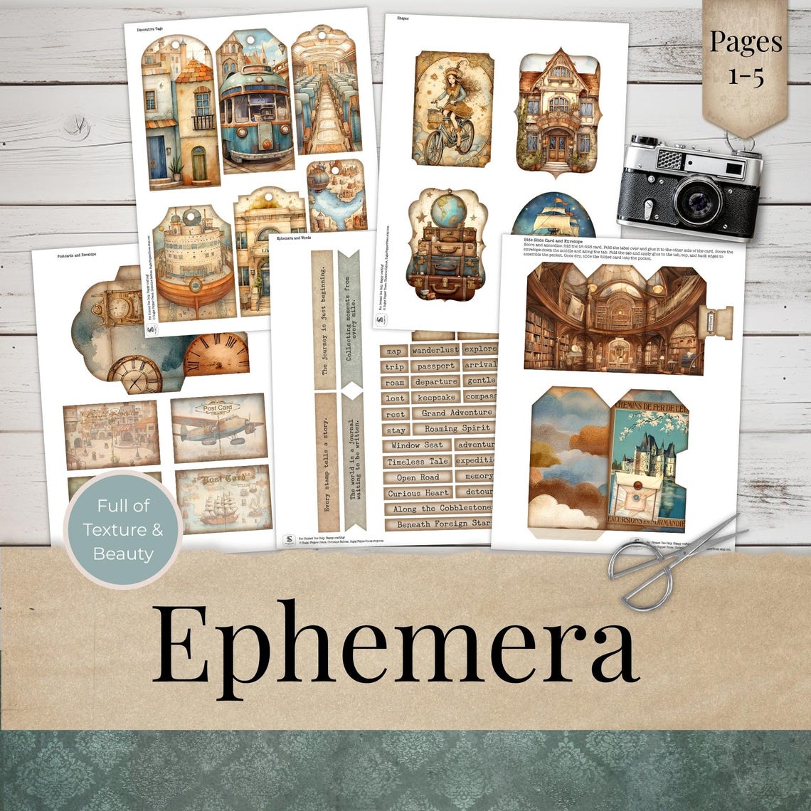 Retro Travel Junk Journal Printable Ephemera, Pockets Folio Journaling Cards, Vintage Ephemera ...