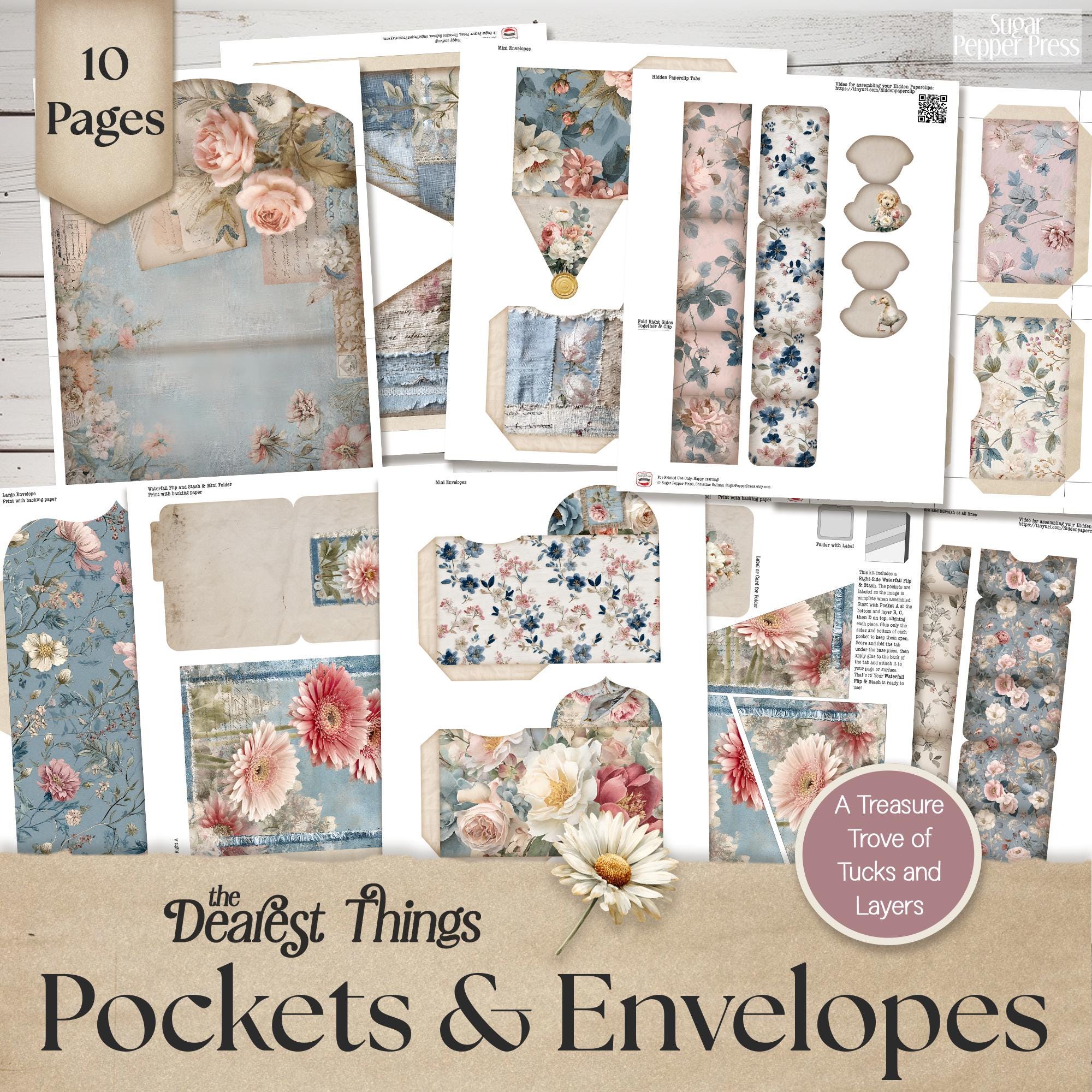 Denim Junk Journal Pockets and Envelopes, Shabby Chic Printable ...