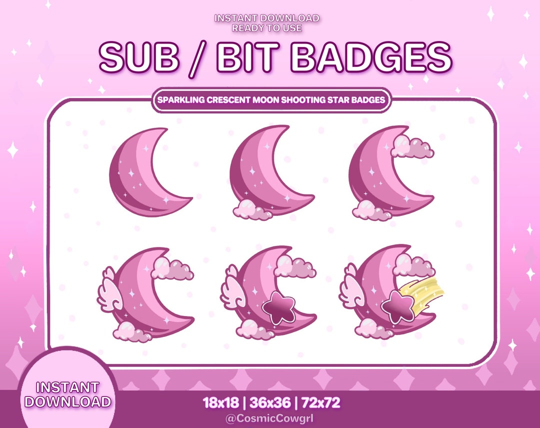 Twitch Sub Badges / Bit Badges / Pink Sparkling Crescent Moon Shooting ...