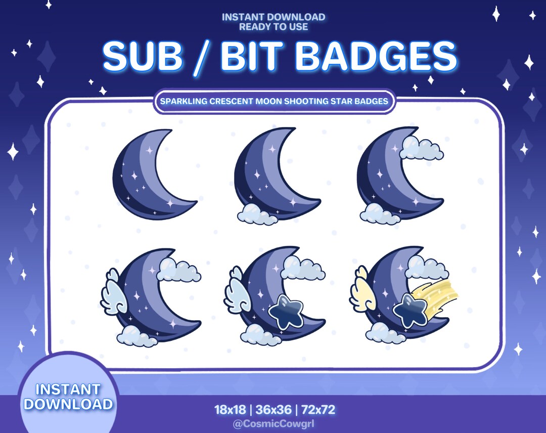 Twitch Sub Badges / Bit Badges / Blue Sparkling Crescent Moon Shooting ...