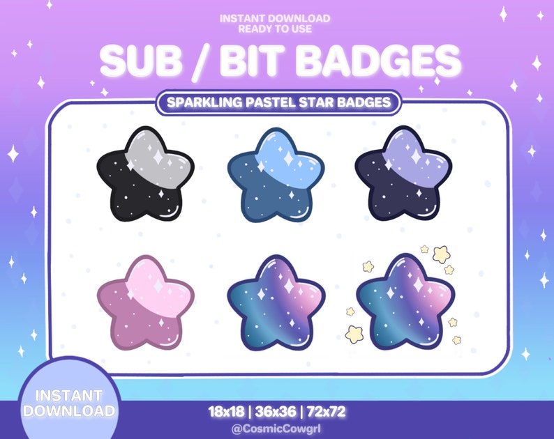 Star Twitch Sub Badges / Bit Badges / Sparkling Pastel Star Badge Set ...