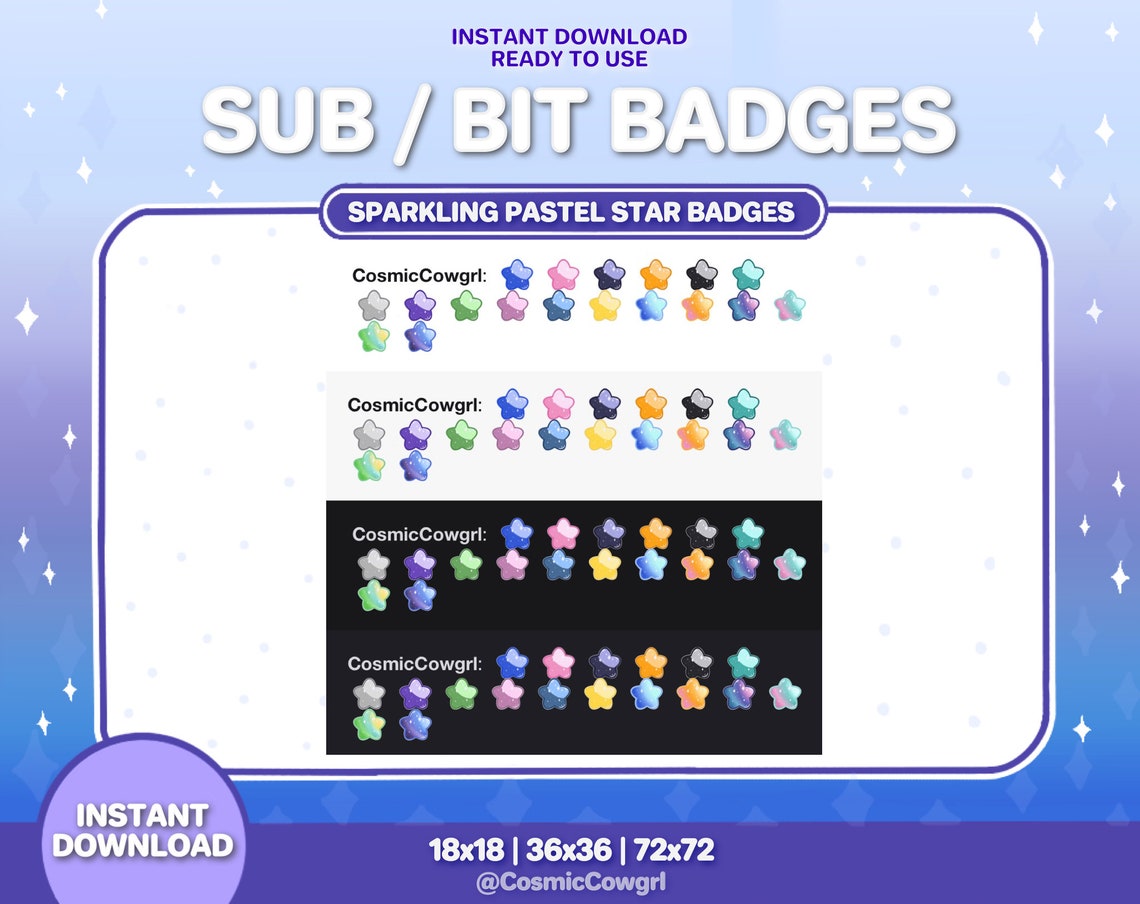 Star Twitch Sub Badges / Bit Badges / Sparkling Pastel Star Badge Set ...