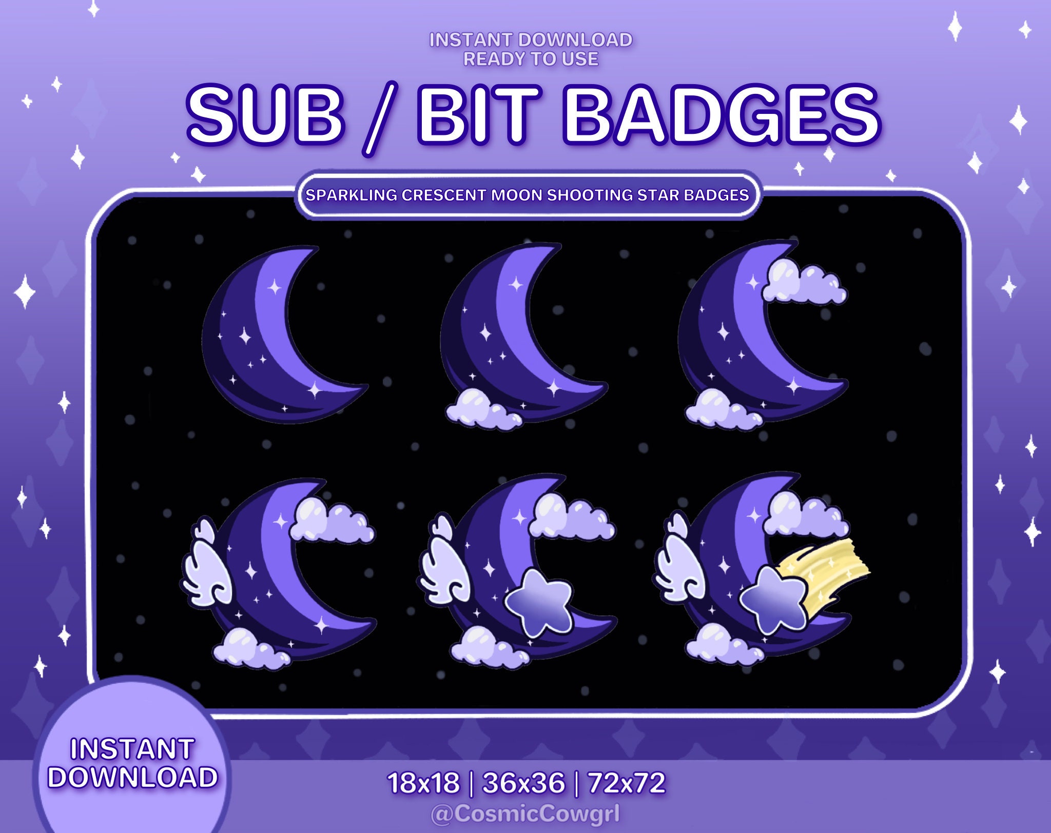 Twitch Sub Badges / Bit Badges / Dark Purple Sparkling Crescent Moon ...
