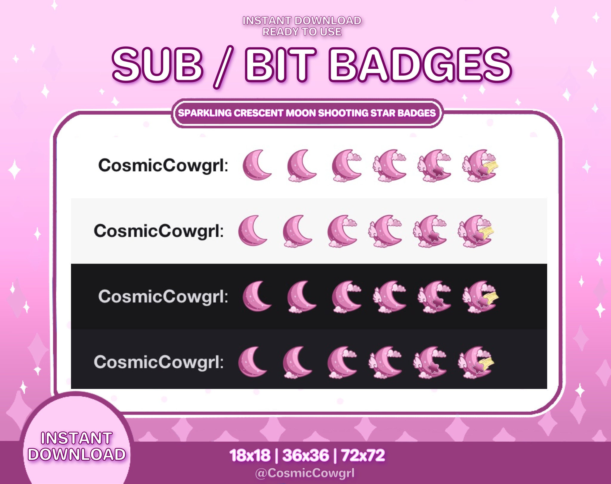 Twitch Sub Badges / Bit Badges / Pink Sparkling Crescent Moon Shooting ...