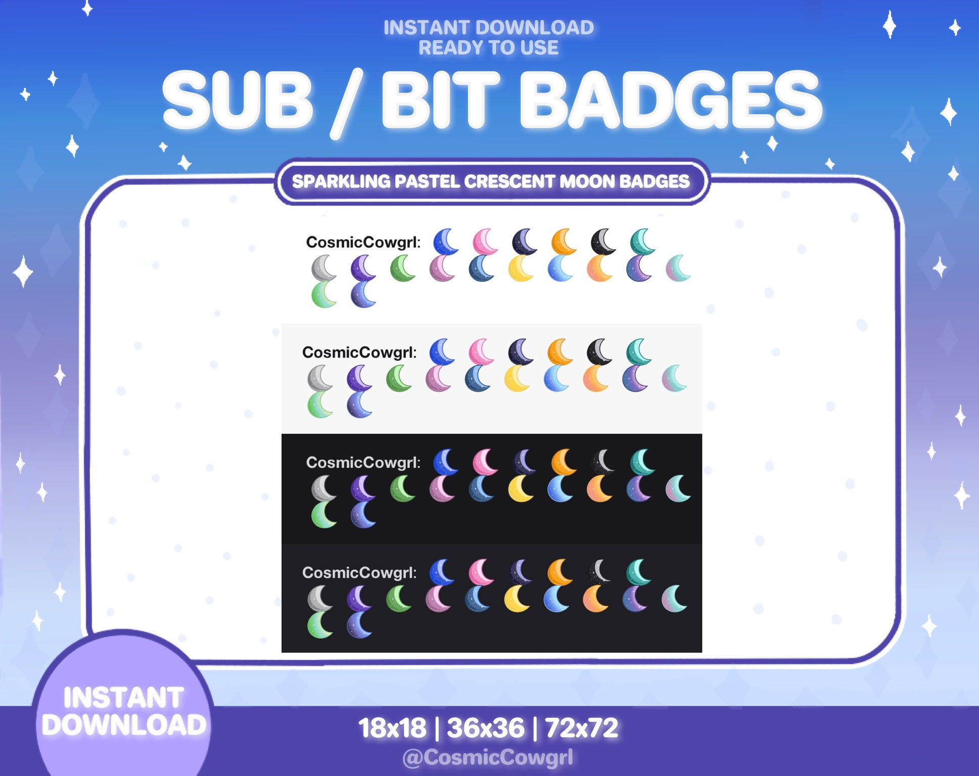 Crescent Moon Twitch Sub Badges / Bit Badges / Sparkling Pastel ...