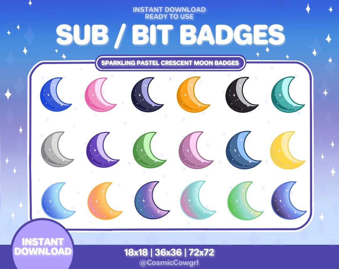 Crescent Moon Twitch Sub Badges / Bit Badges / Sparkling Pastel ...
