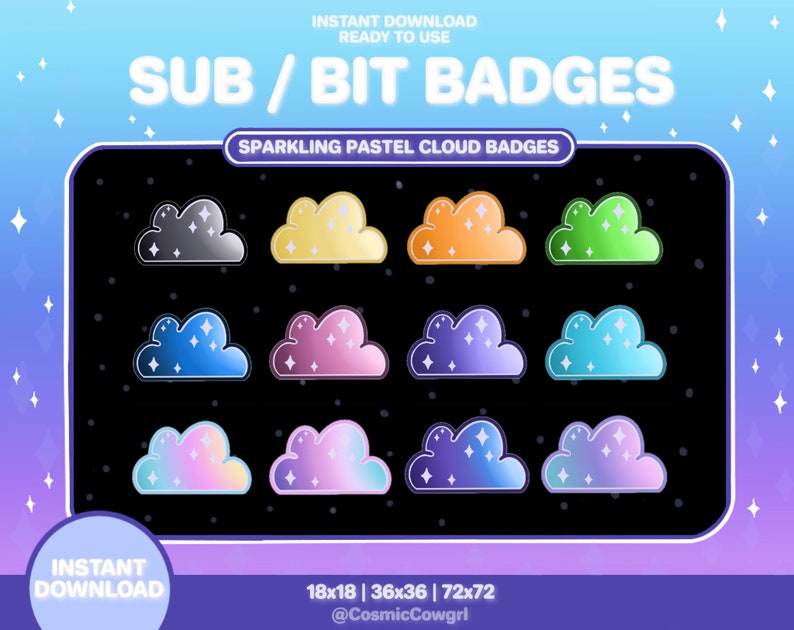 Twitch Sub Badges / Bit Badges / Sparkling Pastel Cloud Badge Set / Pastel / Streamer / Cloud ...