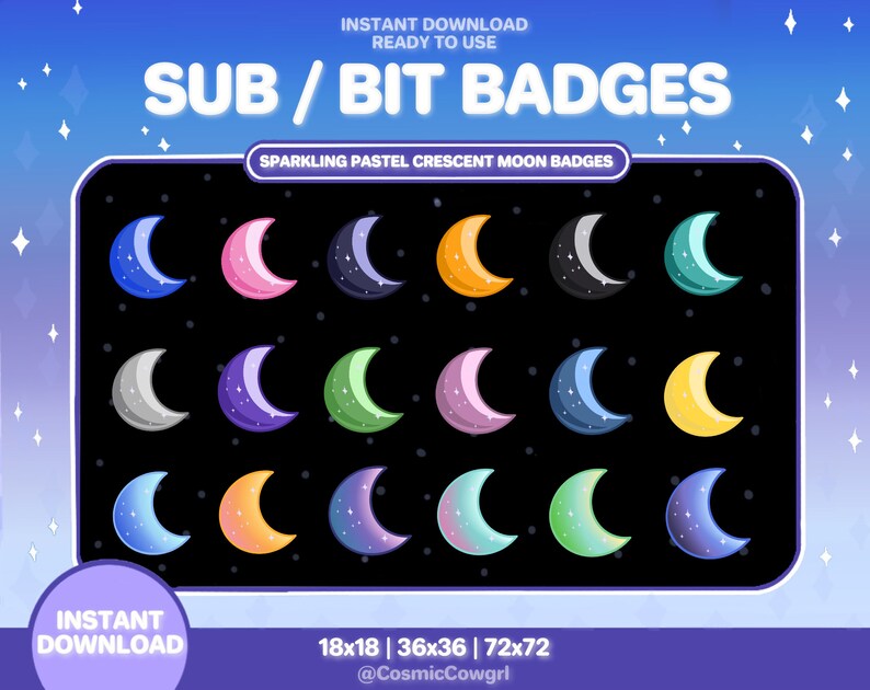 Crescent Moon Twitch Sub Badges / Bit Badges / Sparkling Pastel ...