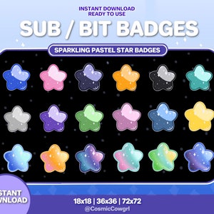 Star Twitch Sub Badges / Bit Badges / Sparkling Pastel Star Badge Set ...