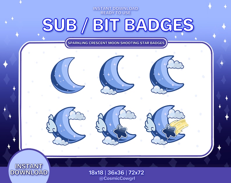 Twitch Sub Badges / Bit Badges / Blue Sparkling Crescent Moon Shooting ...