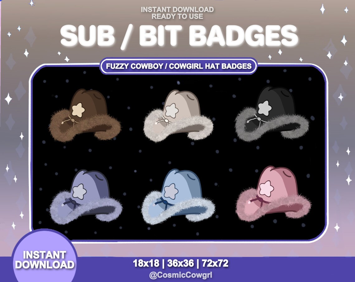 Fuzzy Cowboy Hat Twitch Sub Badge Set / Cowgirl / Hats / Stars / Kawaii ...