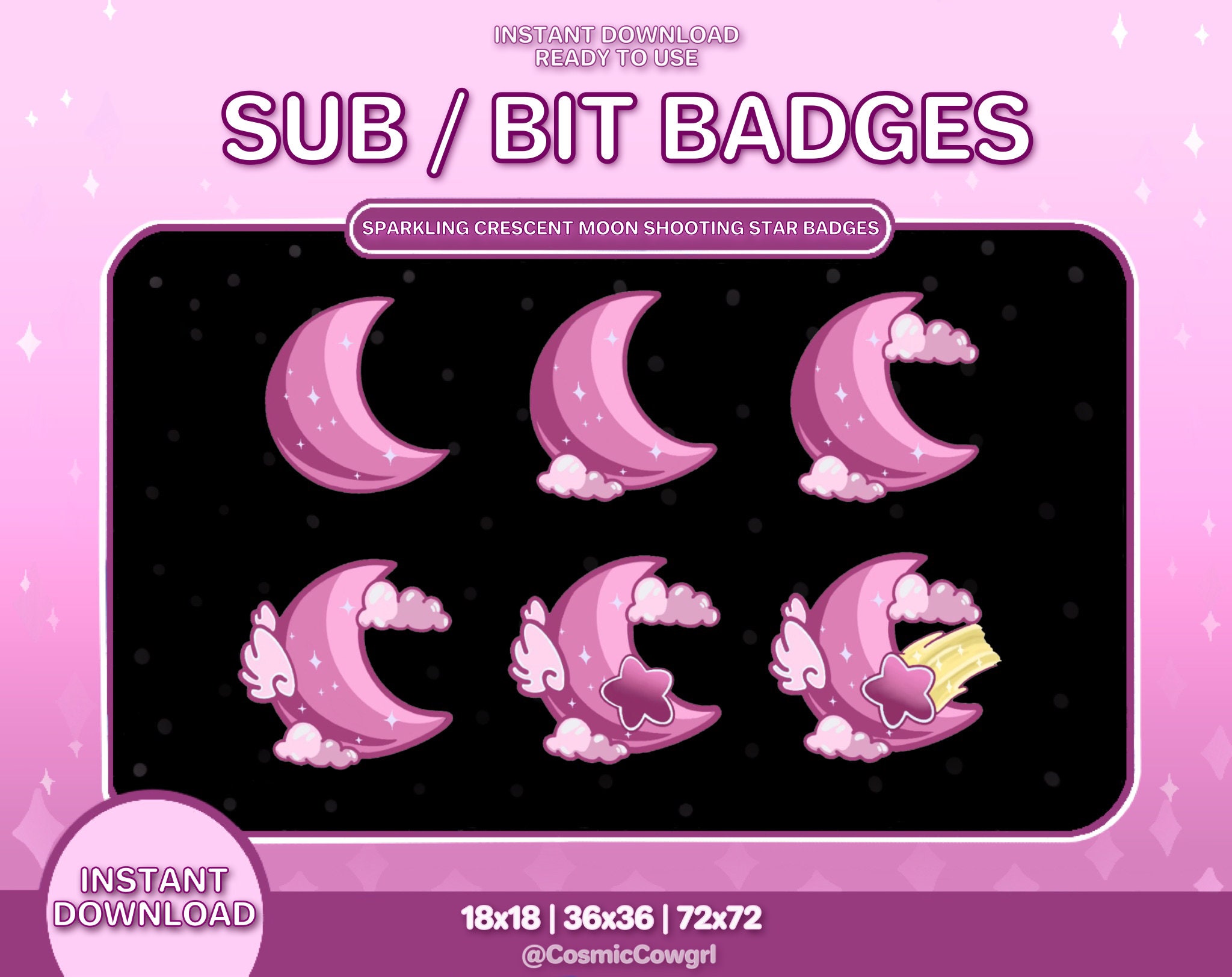 Twitch Sub Badges / Bit Badges / Pink Sparkling Crescent Moon Shooting ...