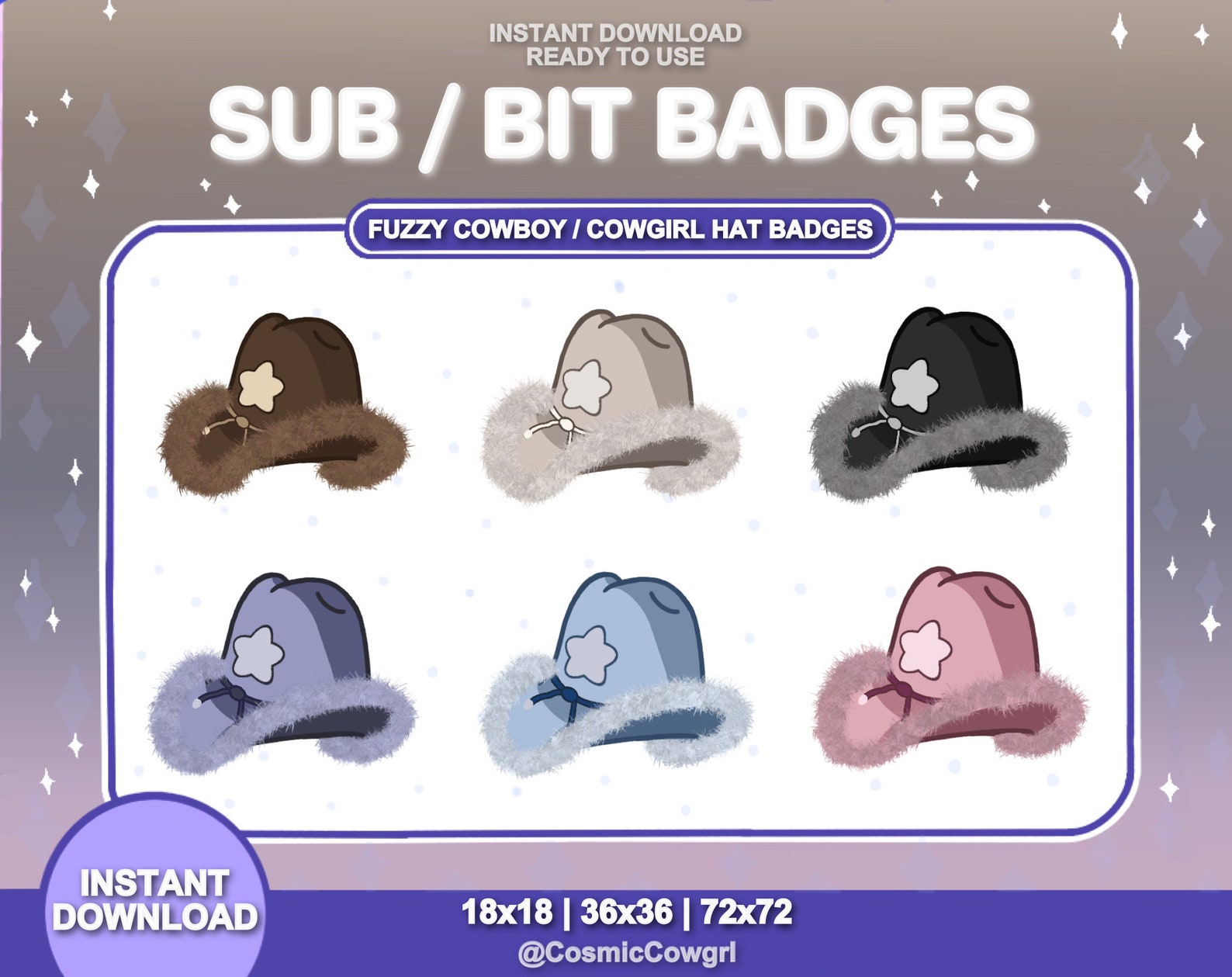 Fuzzy Cowboy Hat Twitch Sub Badge Set / Cowgirl / Hats / Stars / Kawaii ...