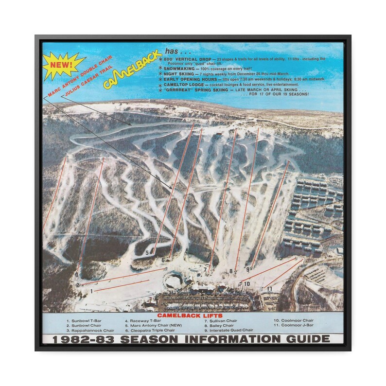 1982 Vintage Camelback Mountain Ski Trail Map Framed Canvas Print ...