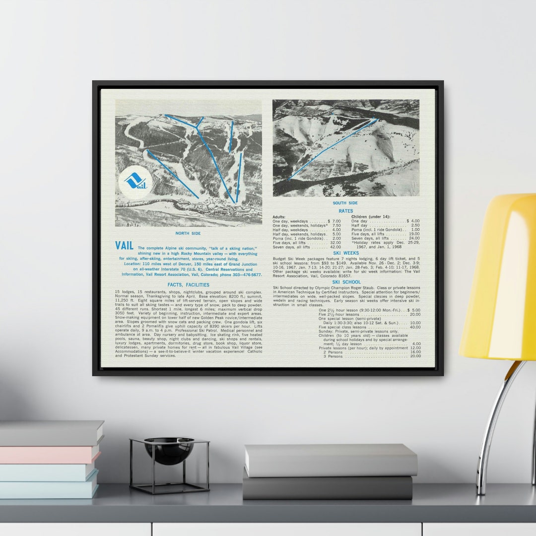 1967 Vintage Vail Mountain Ski Resort Trail Map Framed Canvas Print ...