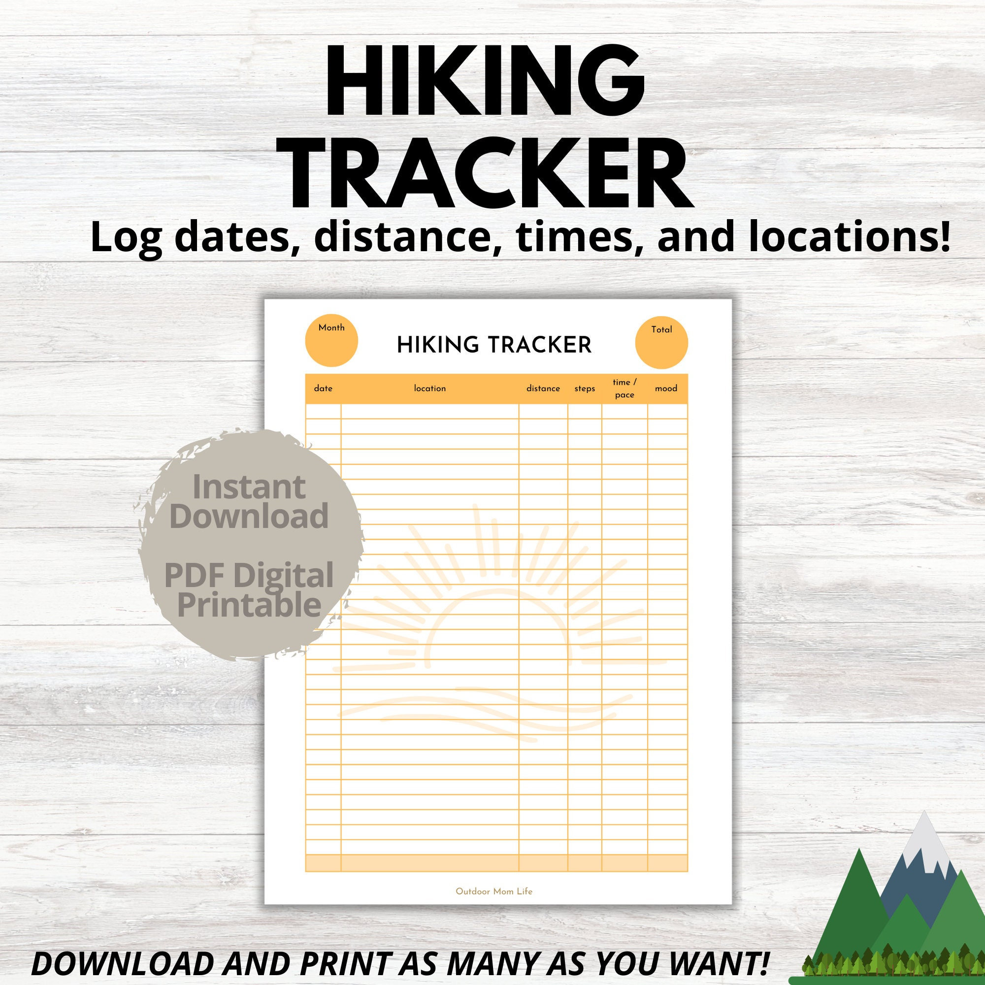 HIKING TRACKER PRINTABLE | Monthly Log for Hiking Activity | Track ...