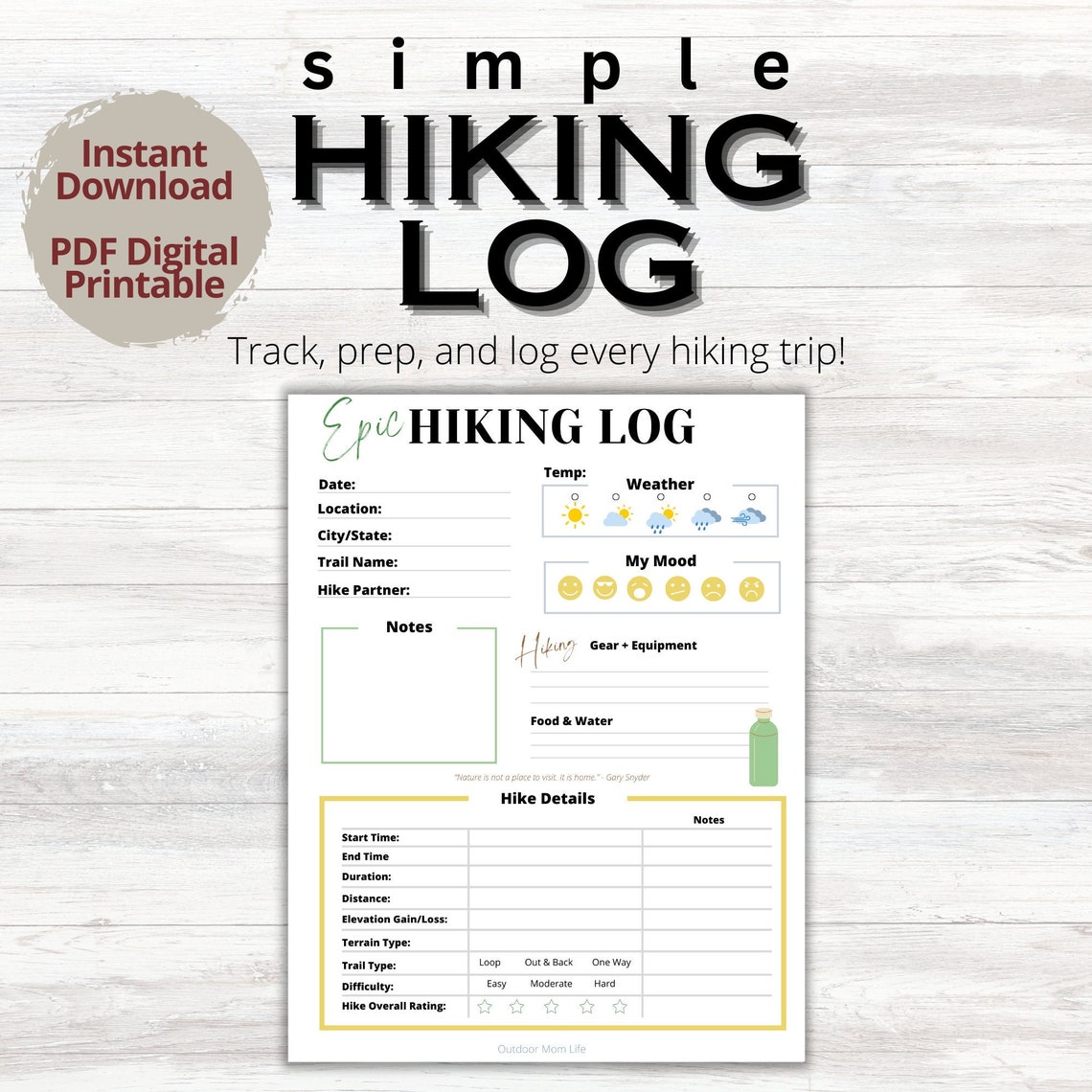 HIKING LOG PRINTABLE | Hiking Trip Log | Simple Hike Log | Hiking Trail ...