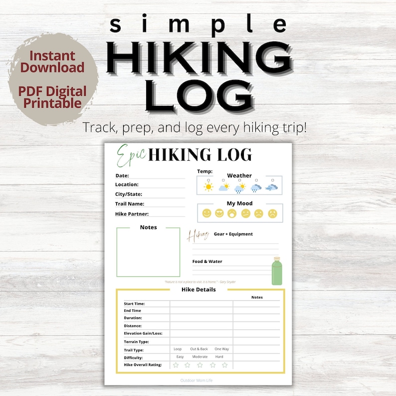 HIKING LOG PRINTABLE | Hiking Trip Log | Simple Hike Log | Hiking Trail ...