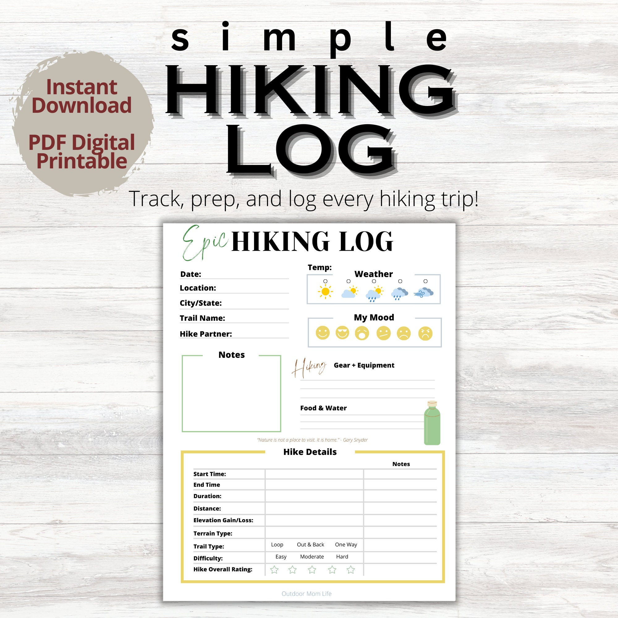HIKING LOG PRINTABLE | Hiking Trip Log | Simple Hike Log | Hiking Trail ...