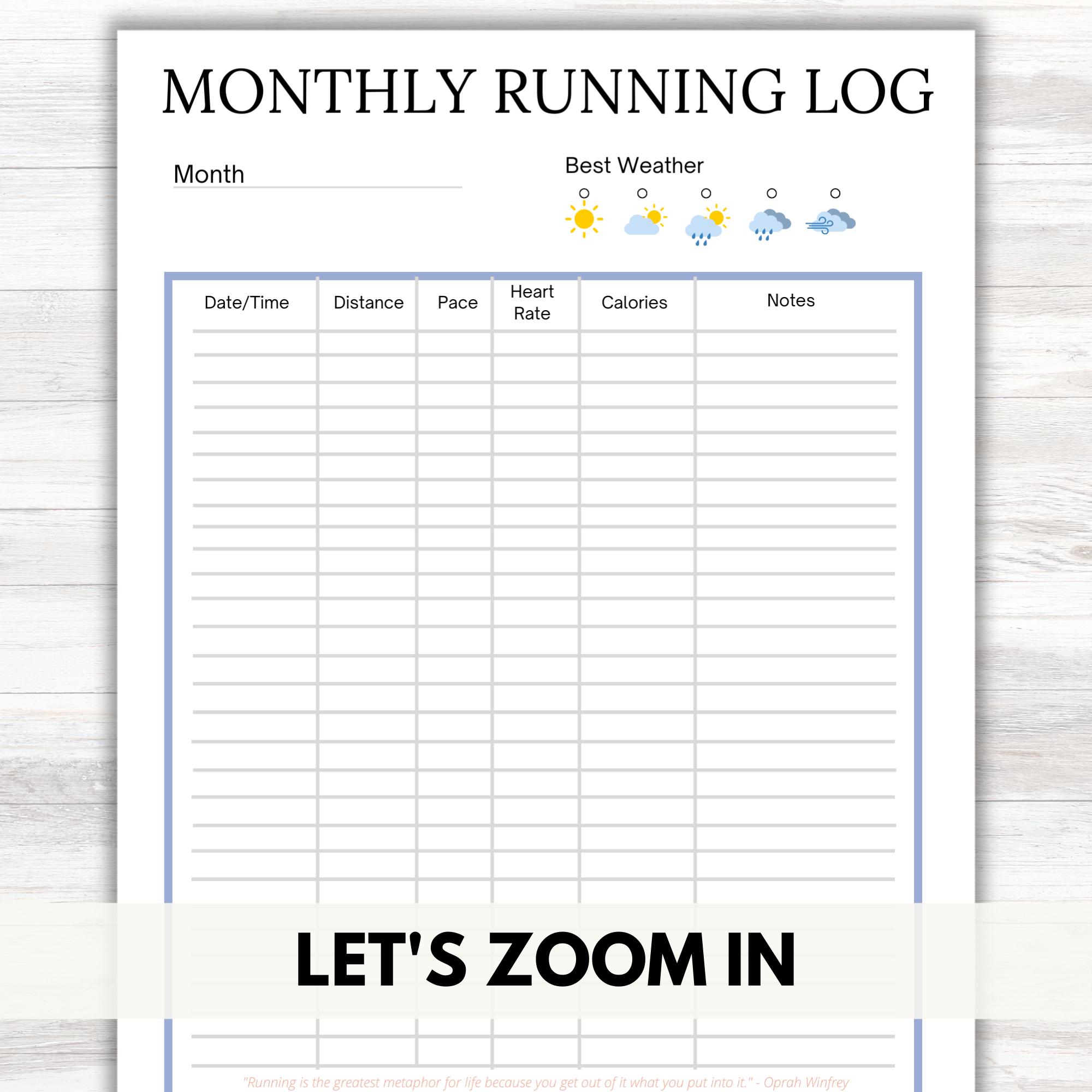 RUNNING TRACKER PRINTABLE | Monthly Log for Running Activity | Track ...