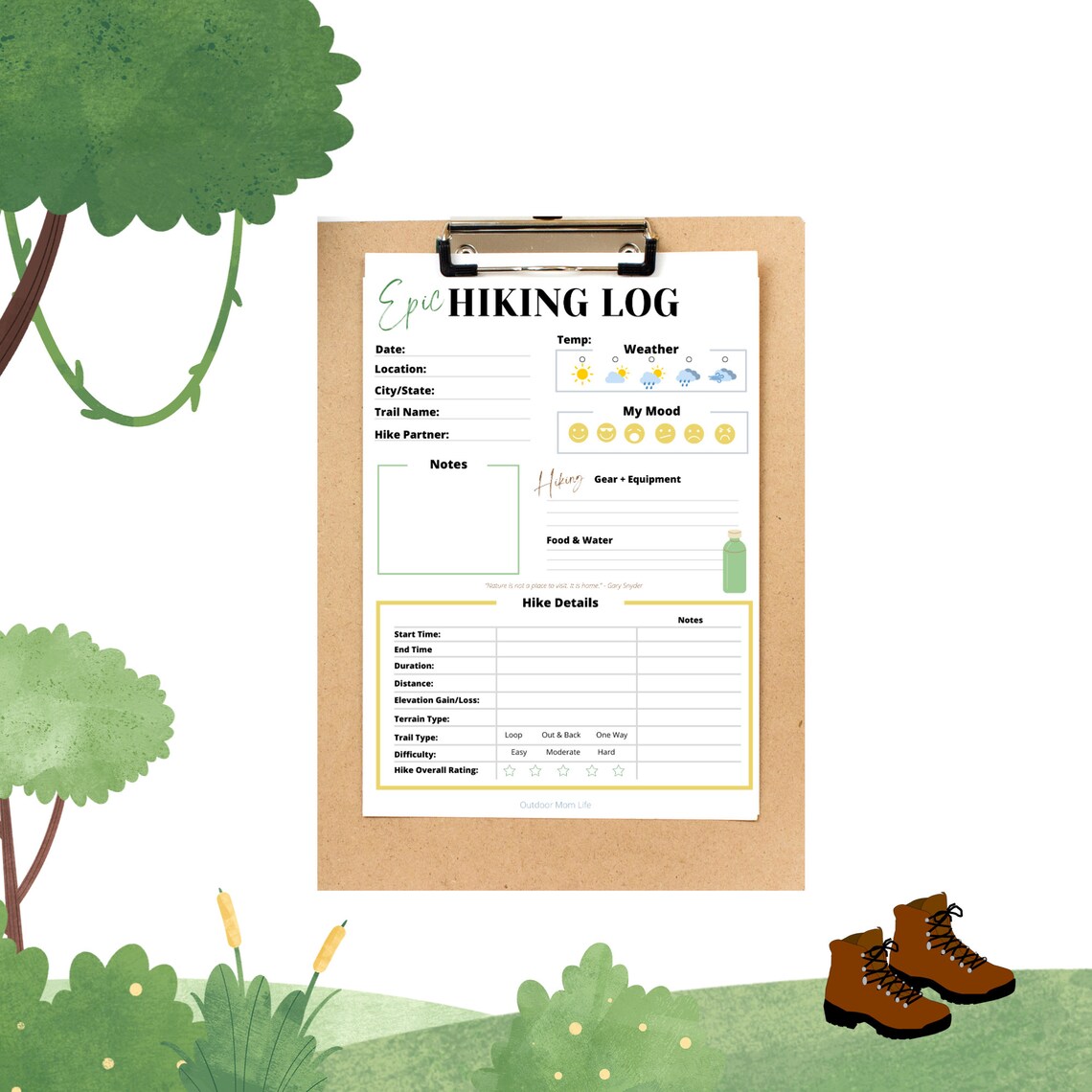 HIKING LOG PRINTABLE Hiking Trip Log Simple Hike Log Hiking Trail ...