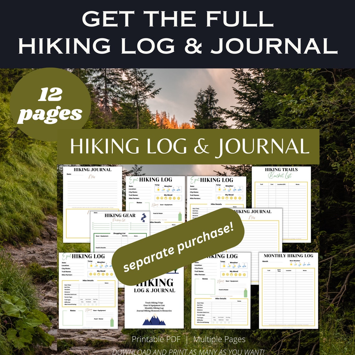 HIKING LOG PRINTABLE | Hiking Trip Log | Simple Hike Log | Hiking Trail ...