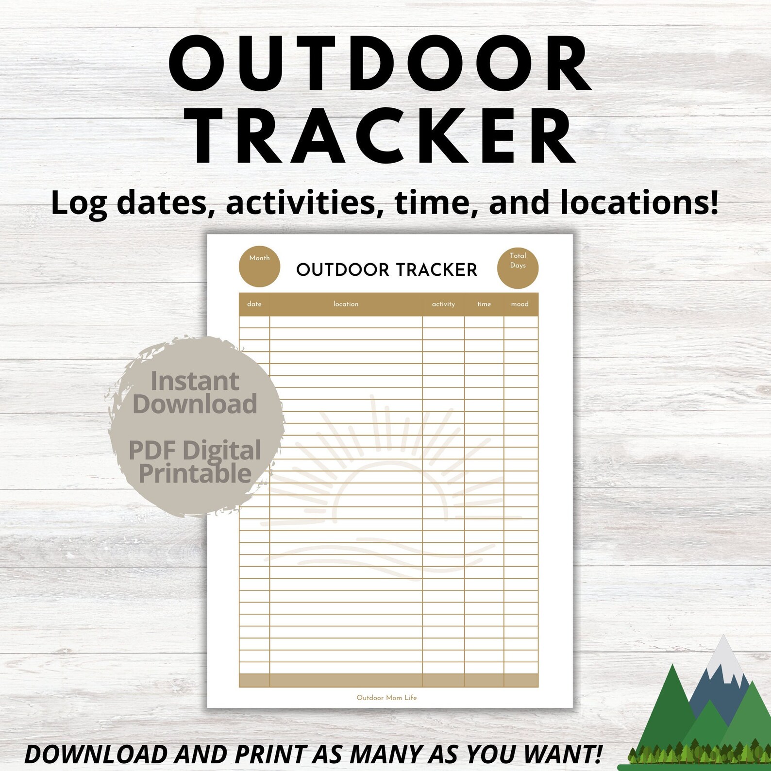 OUTDOOR TRACKER PRINTABLE | Monthly Log for Outside Activity | Track ...