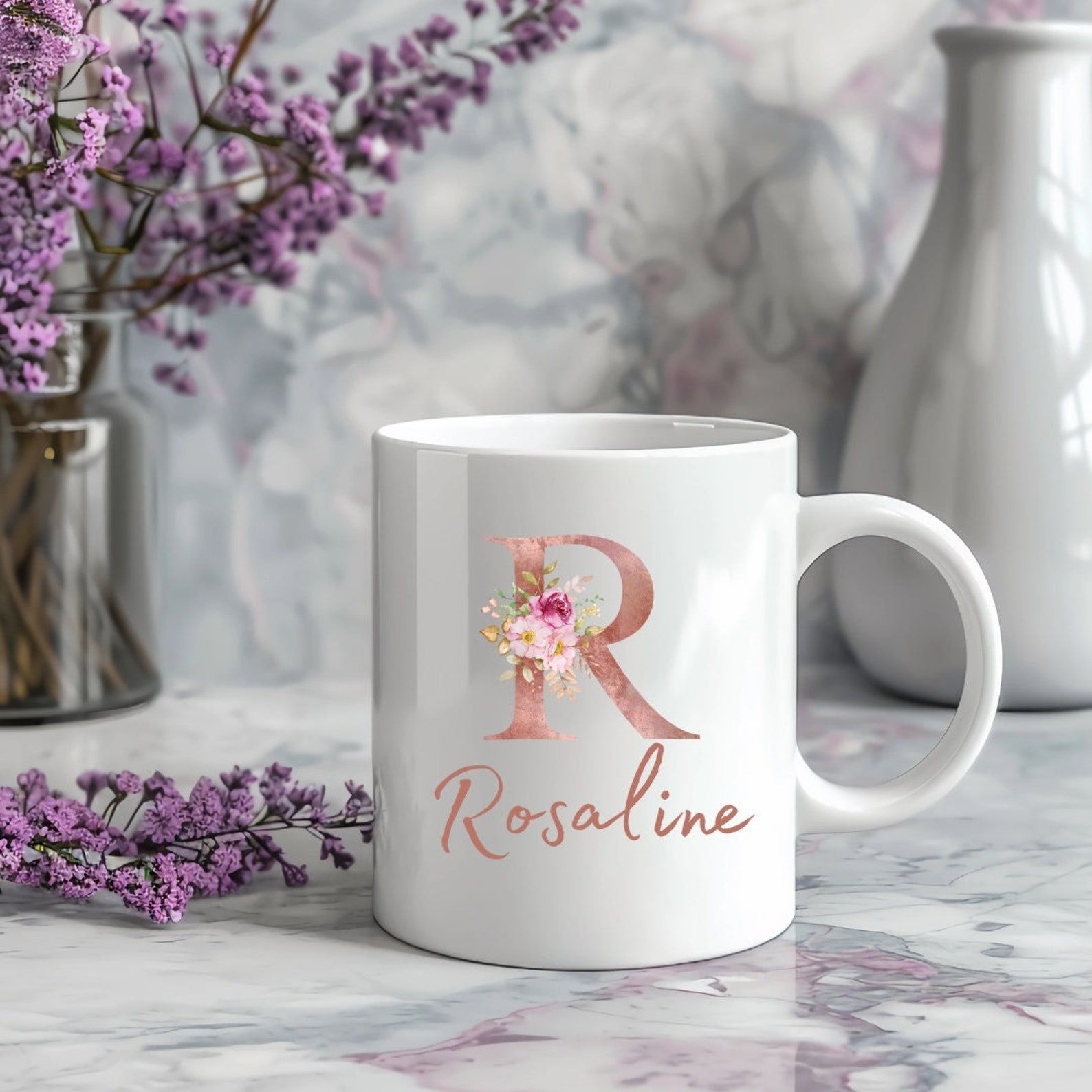 Monogram Mug, Monogram Gifts, Floral Alphabet Mug, Personalized Flower ...