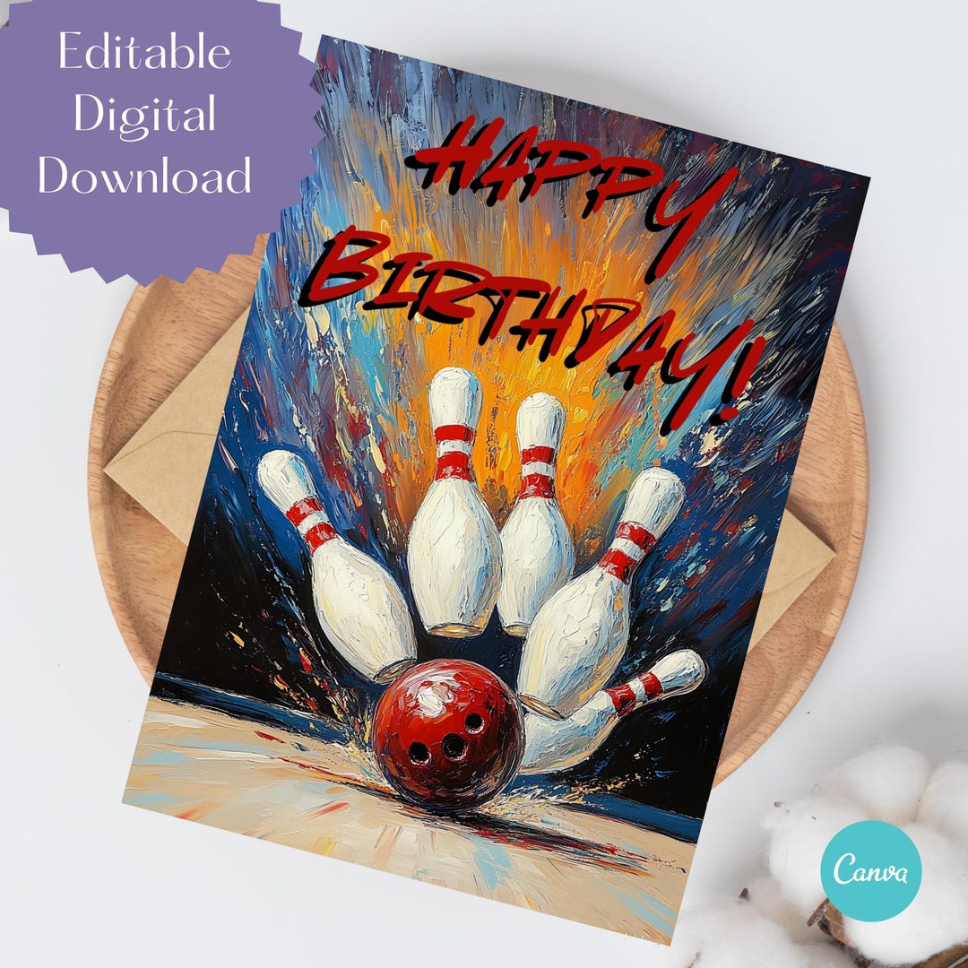 Editable Bowling Card, Editable Birthday Card, Bowling Birthday Card ...