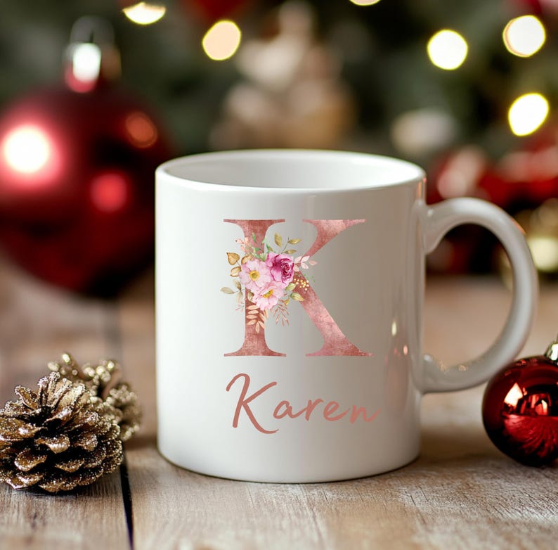 Monogram Mug, Monogram Gifts, Floral Alphabet Mug, Personalized Flower ...