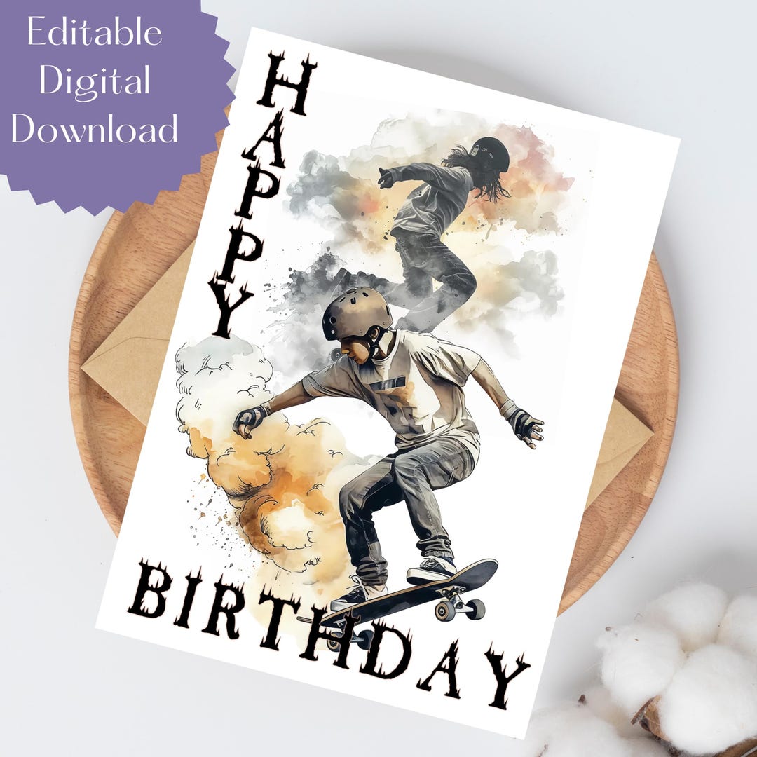 Editable Skateboard Card, Birthday Card, Skateboards, Sports Cards ...