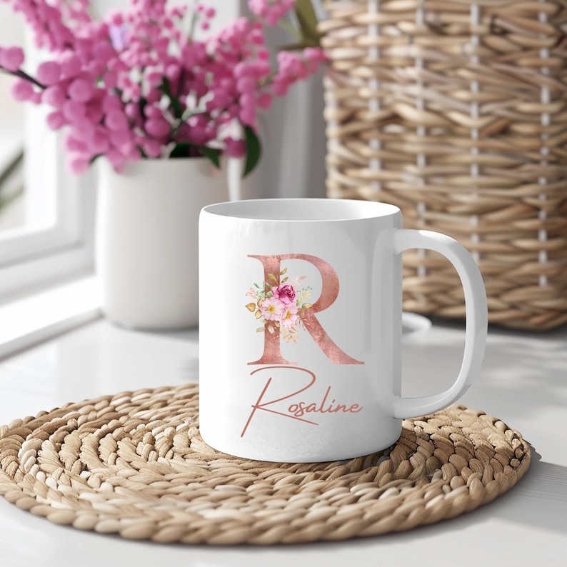 Monogram Mug, Monogram Gifts, Floral Alphabet Mug, Personalized Flower ...