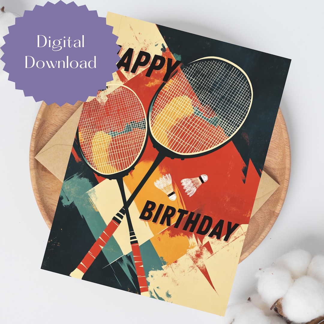 Badminton Happy Birthday Card, Badminton Birthday Card, Watercolor ...